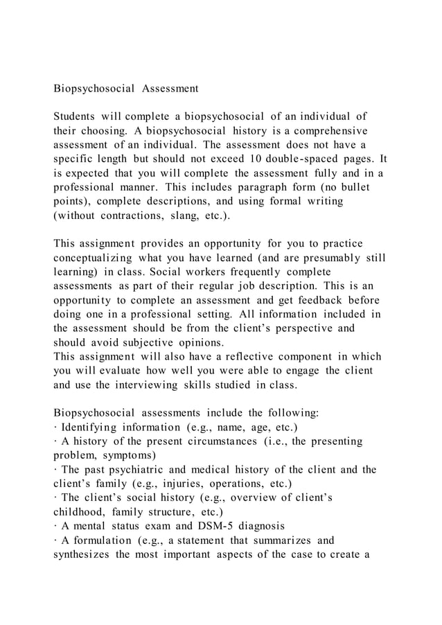 Biopsychosocial AssessmentStudents will complete a biopsychoso | DOCX