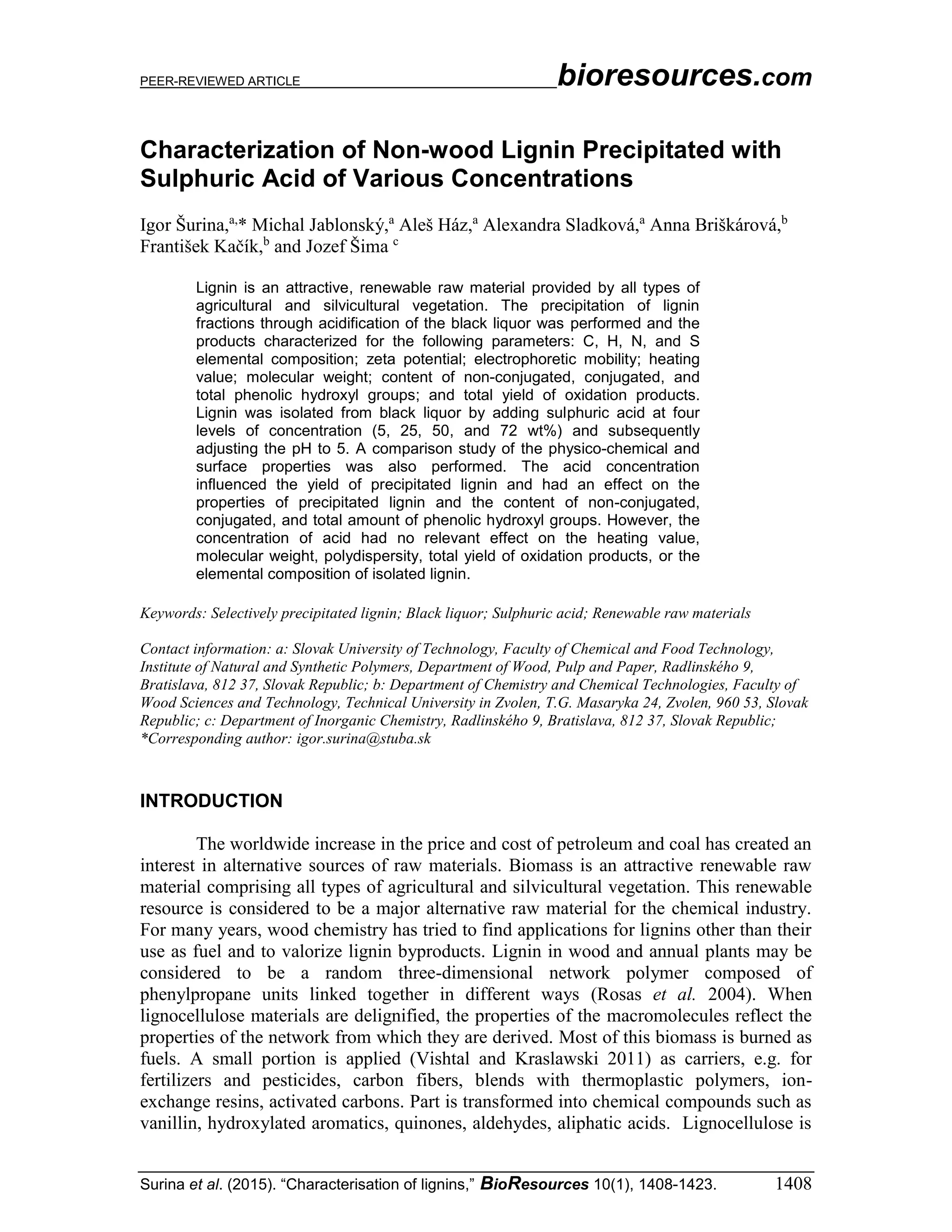 Characterization of non-wood lignin precipitated with sulphuric acid of ...