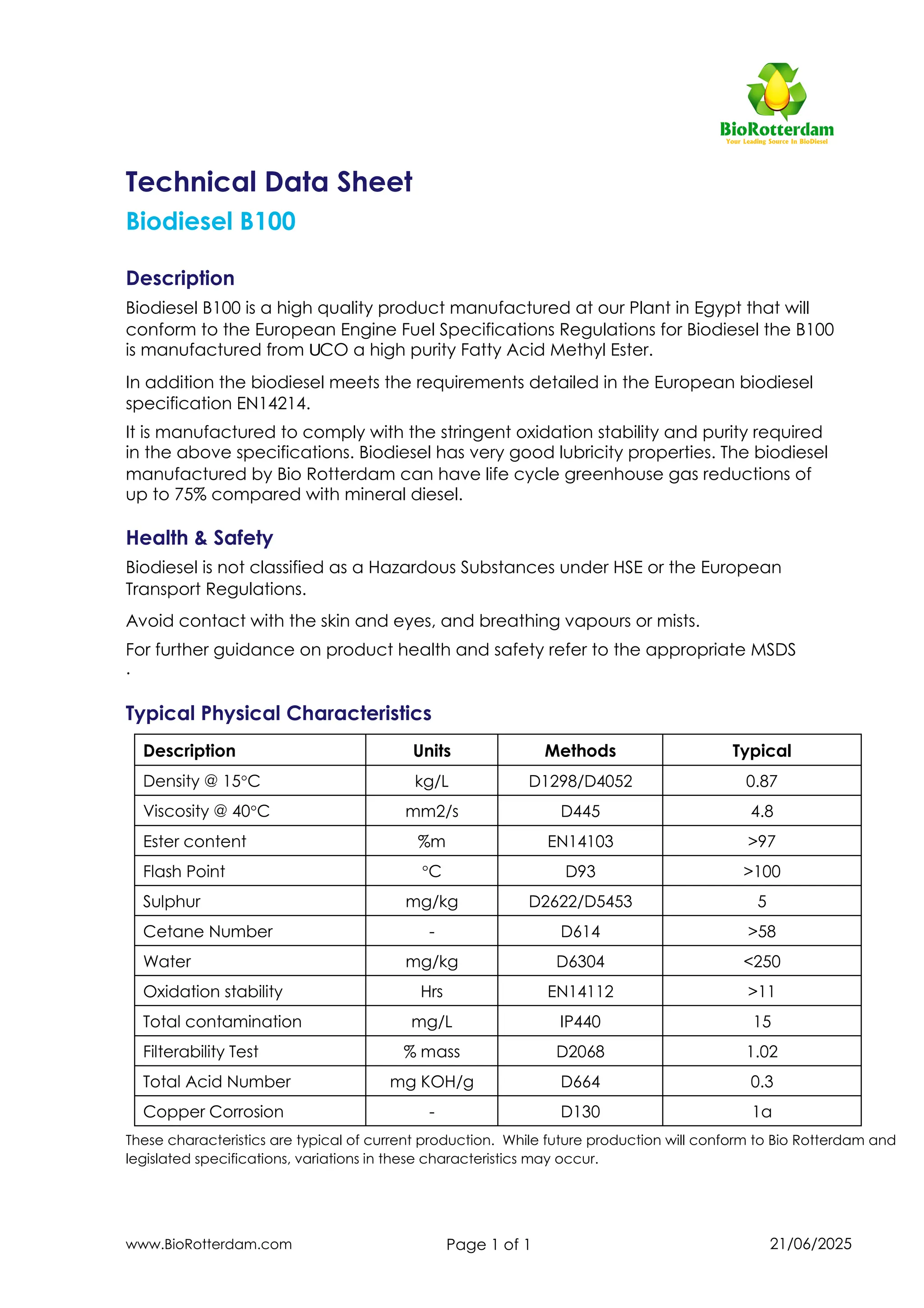 Bio Rotterdam Biodiesel B100 Technical Data sheet TDS | PDF