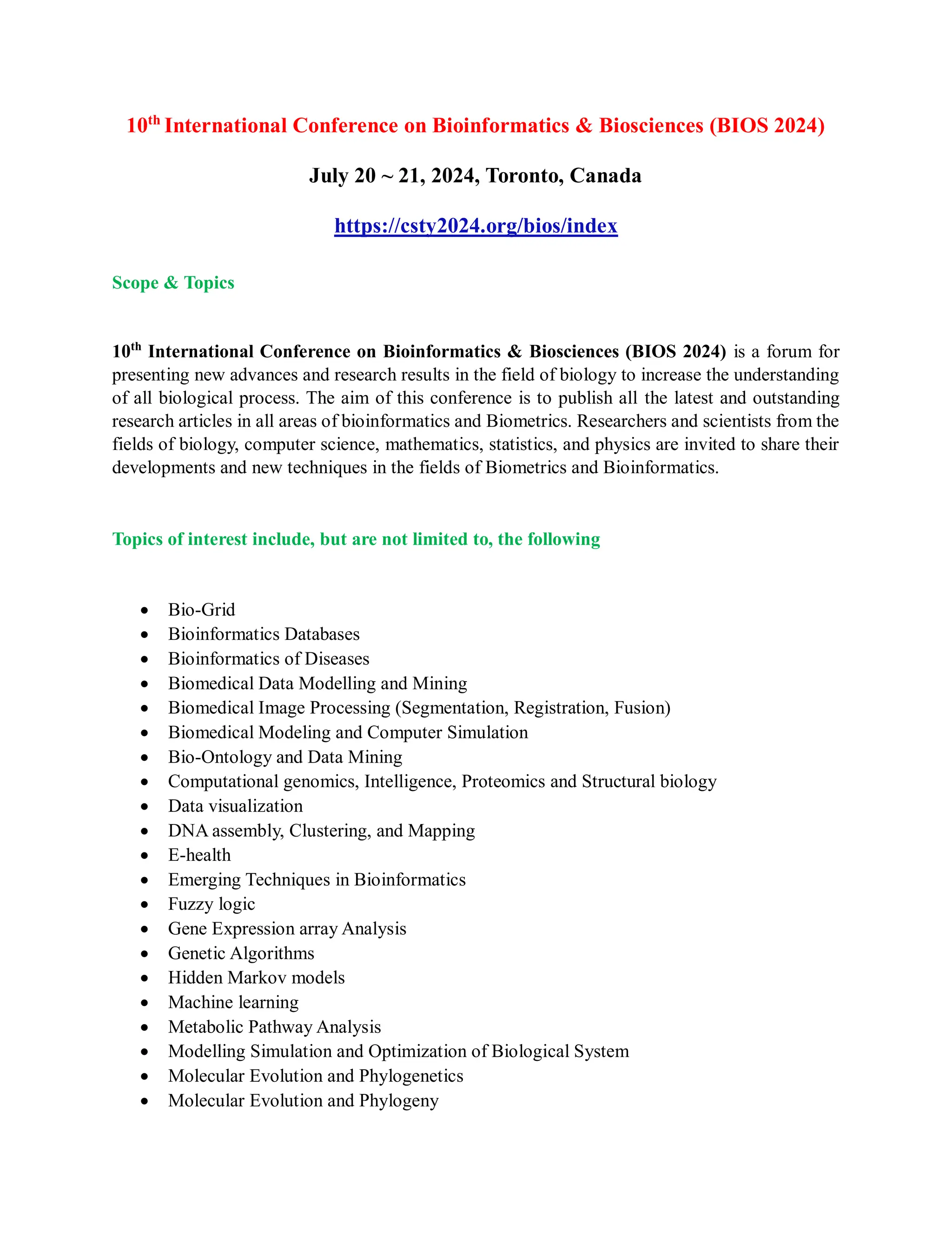 10th International Conference on Bioinformatics & Biosciences (BIOS ...