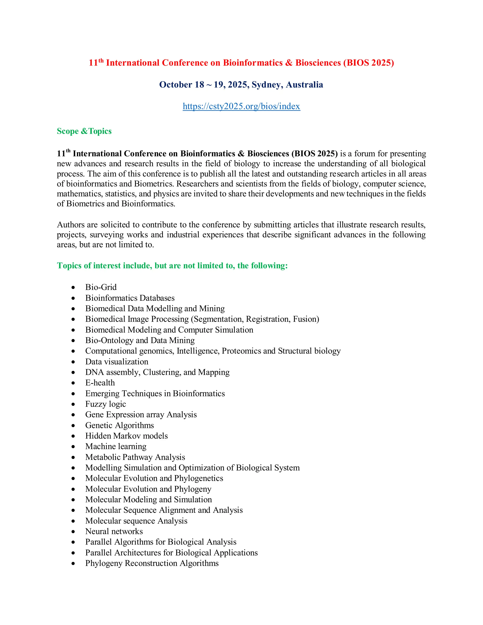 11th International Conference on Bioinformatics & Biosciences (BIOS ...