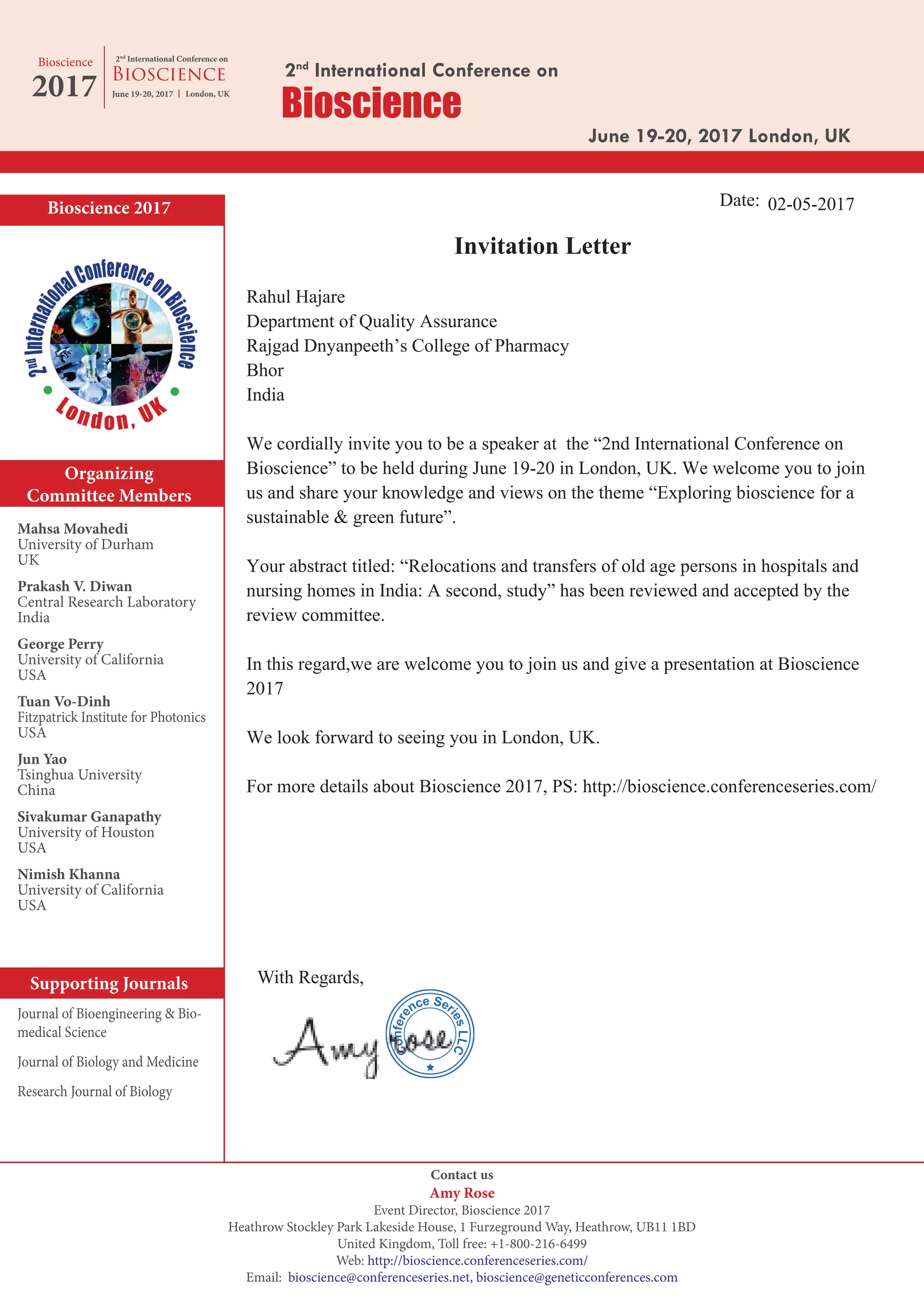 Bioscience uk invitation letter rahul-hajare | PDF