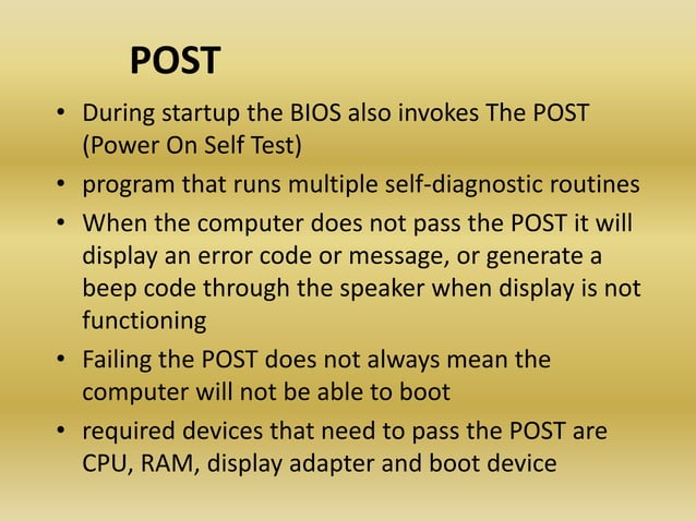 Bios, cmos and post | PPTX | Operating Systems | Computer Software and Applications