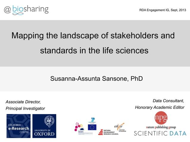 Overview of standards/stakeholders in life science (RDA Engagement ...