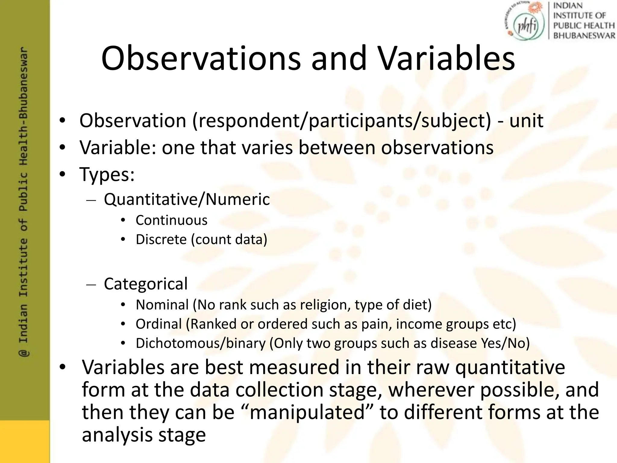 Biostatistics - Lecture 2 - Observations, variables and data organization.pptx