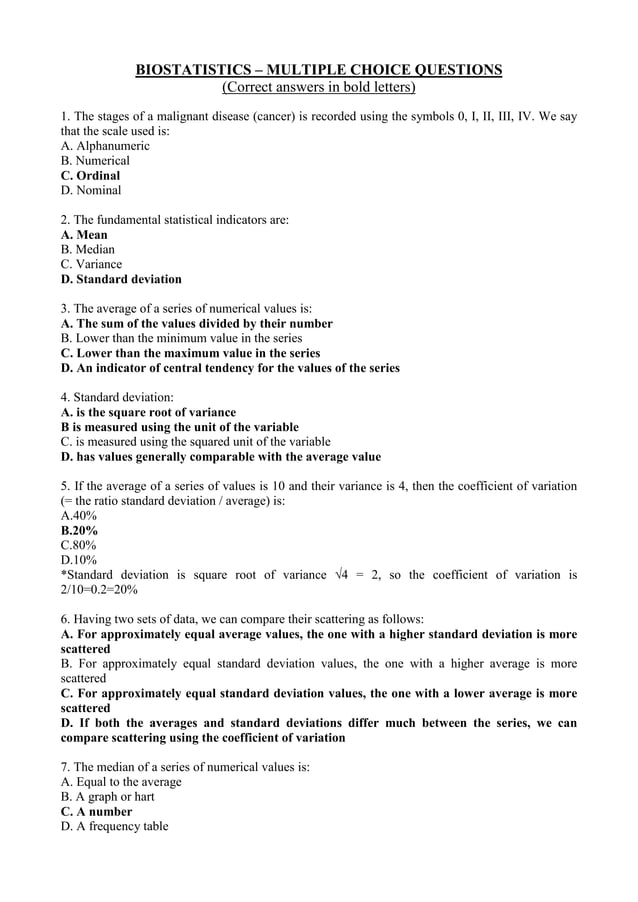 Biostatistics multiple choice questions(1) | PDF | Physics | Science