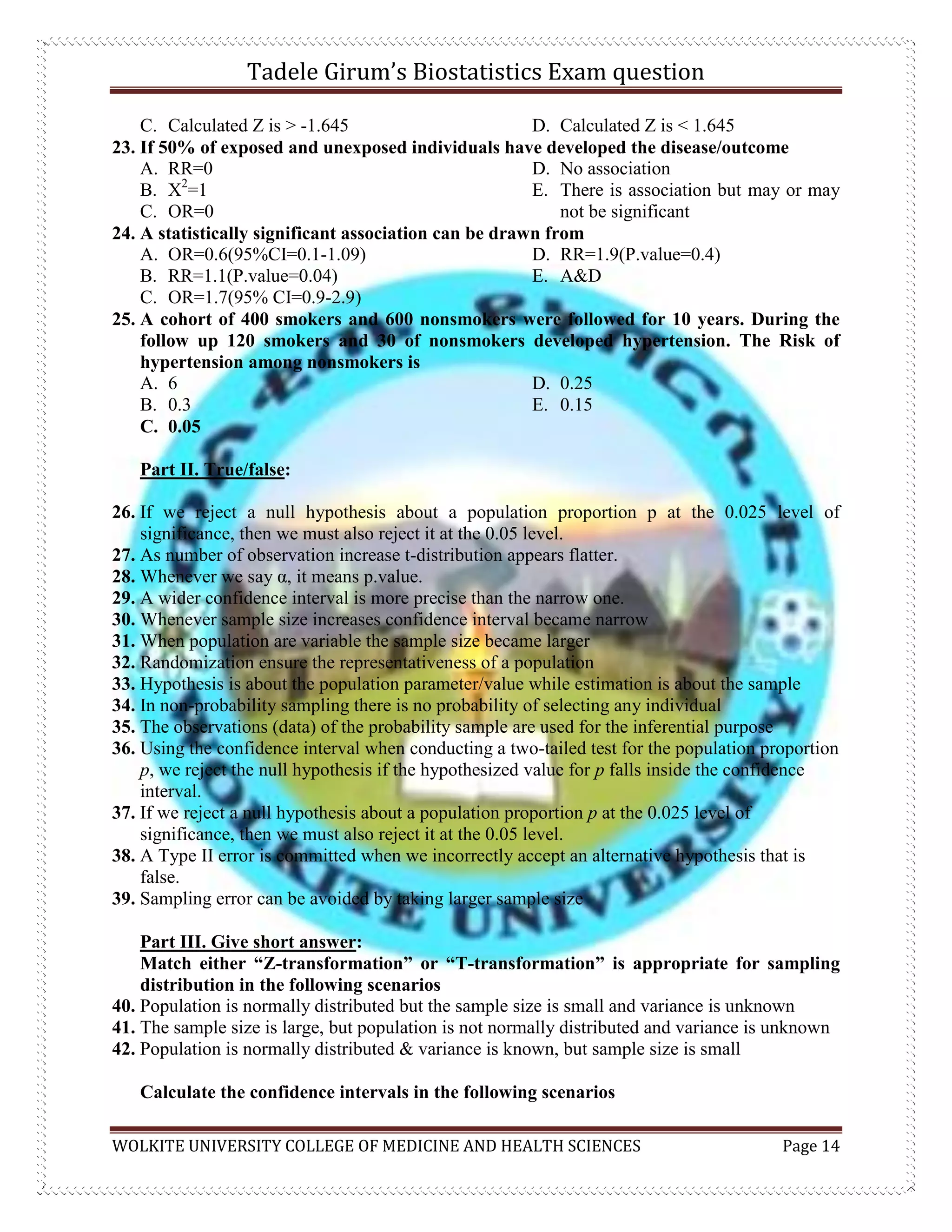 Biostatistics exam questions by tadele girum | PDF