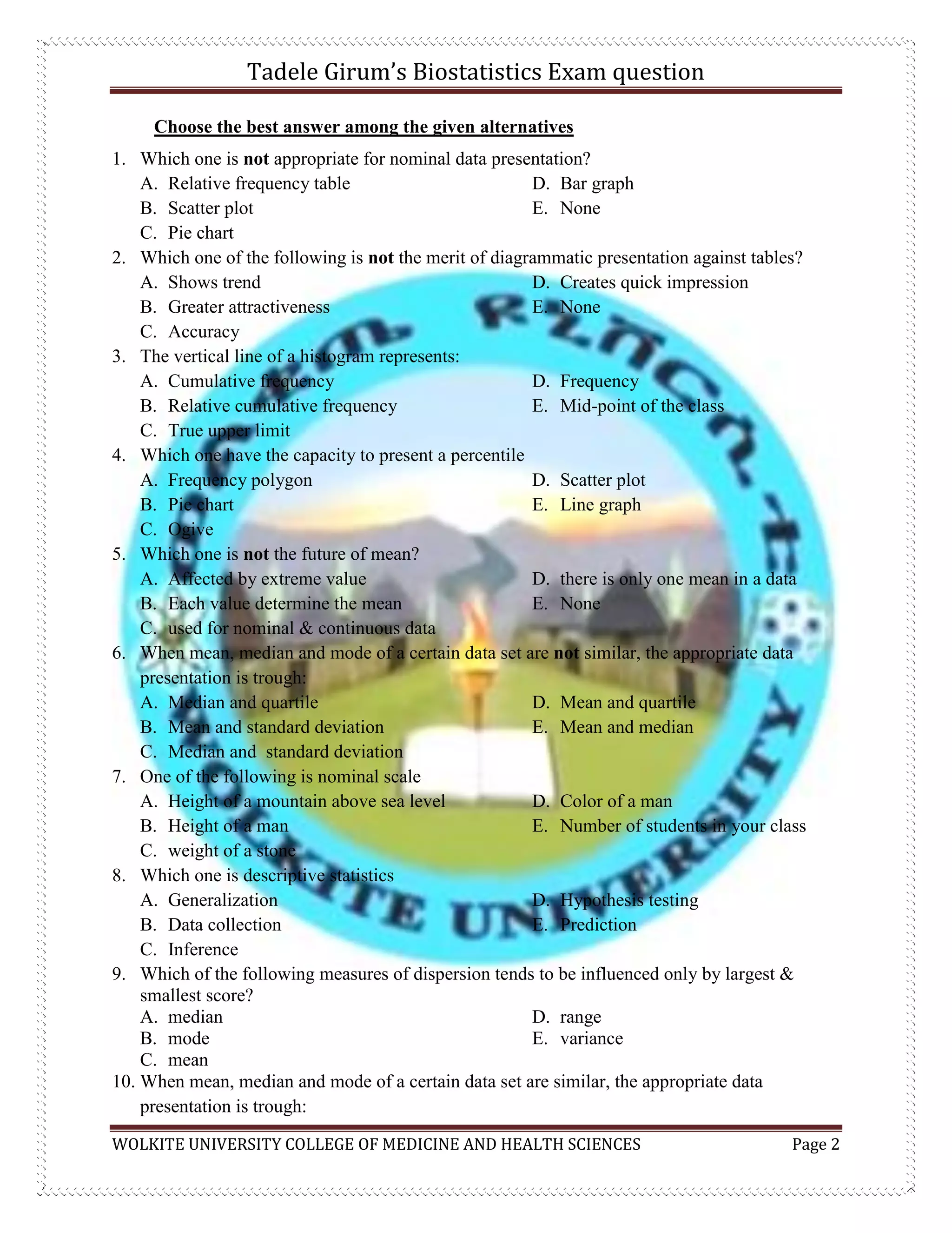 Biostatistics exam questions by tadele girum | PDF