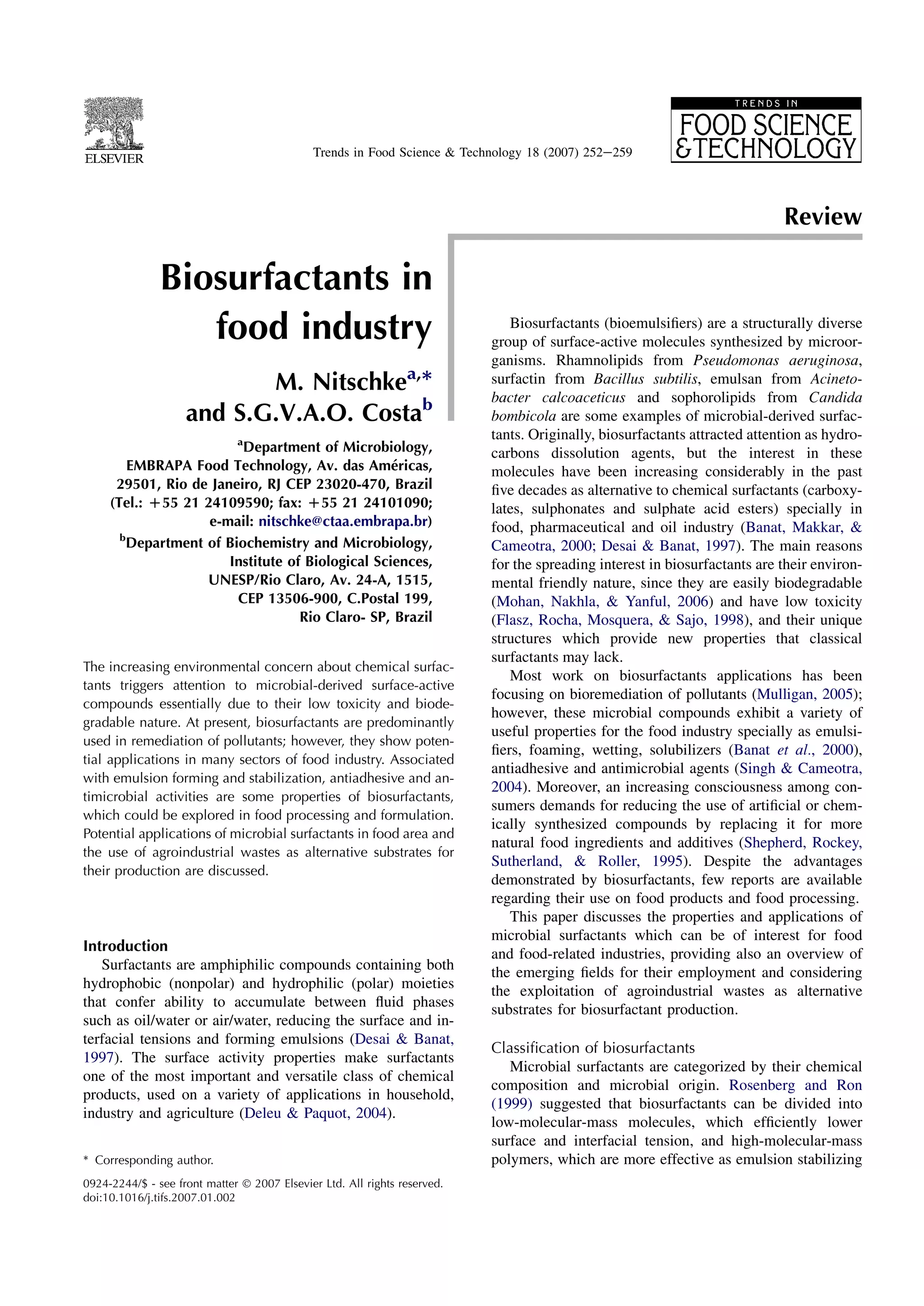 Biosurfactants in food infudustry | PDF