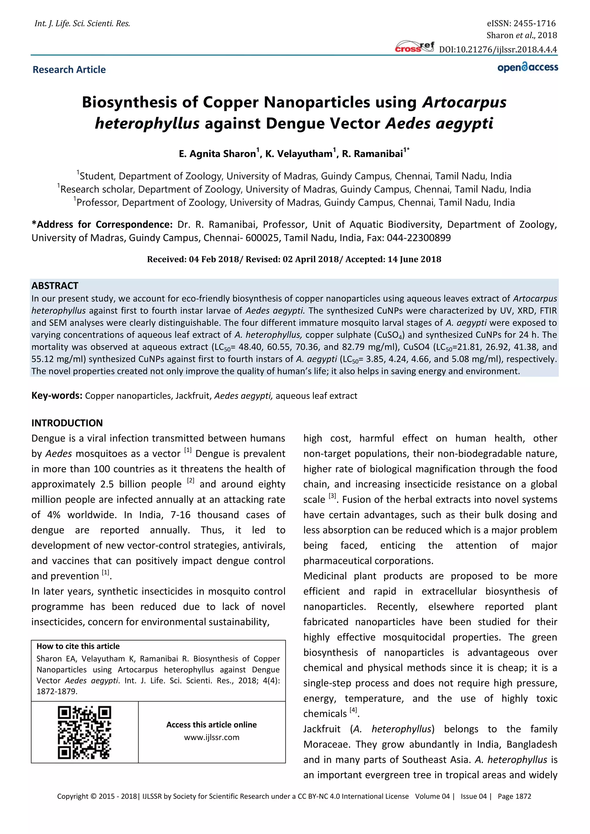 Biosynthesis of Copper Nanoparticles using Artocarpus heterophyllus against Dengue Vector Aedes ...
