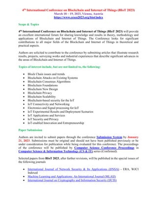 Call for Papers - 4th International Conference on Blockchain and Internet of Things (BIoT 2023 ...