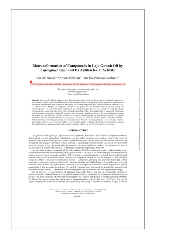 Biotransformation of compounds in laja gowah oil by Aspergillus niger and its antibacterial ...