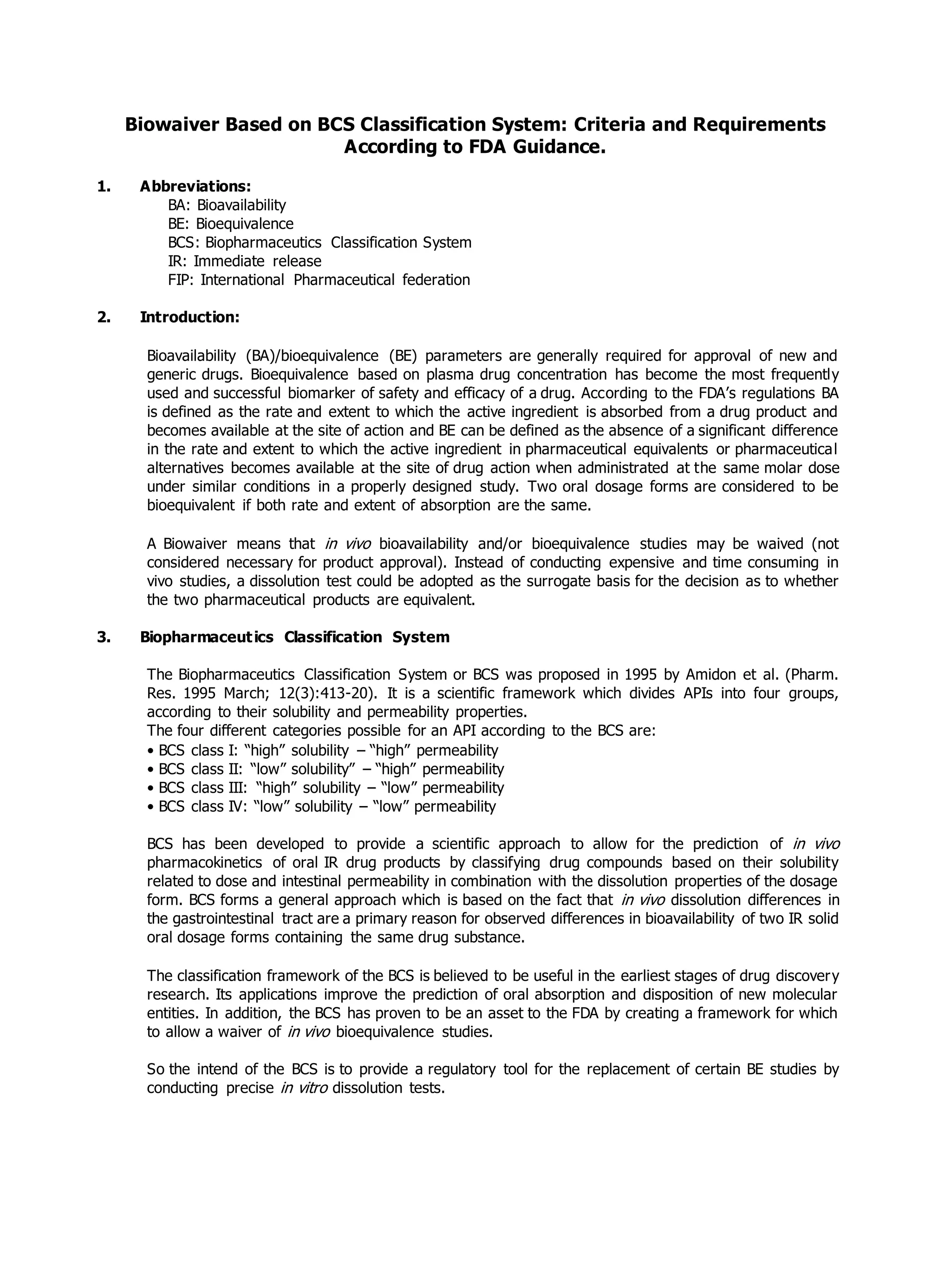 Biowaiver Based on BCS Classification System: Criteria and Requirements ...