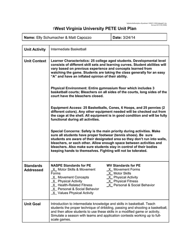 BIP Basketball Unit Plan-Final | DOC