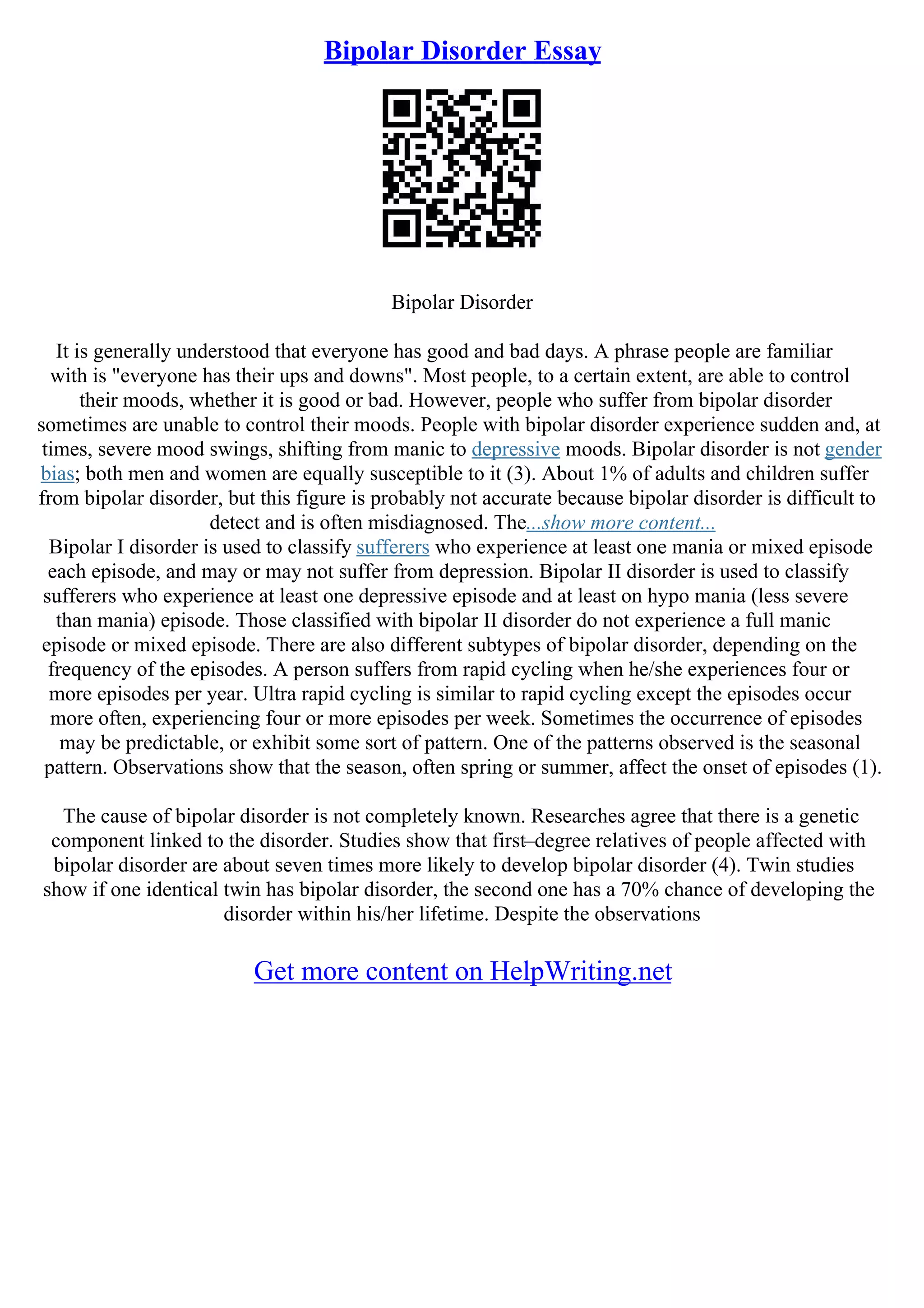 Bipolar Disorder Essay | PDF