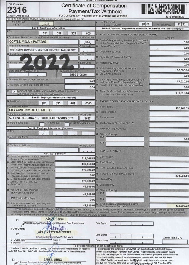 BIR ITR 2316 FORM - MELJUN CORTES | PDF