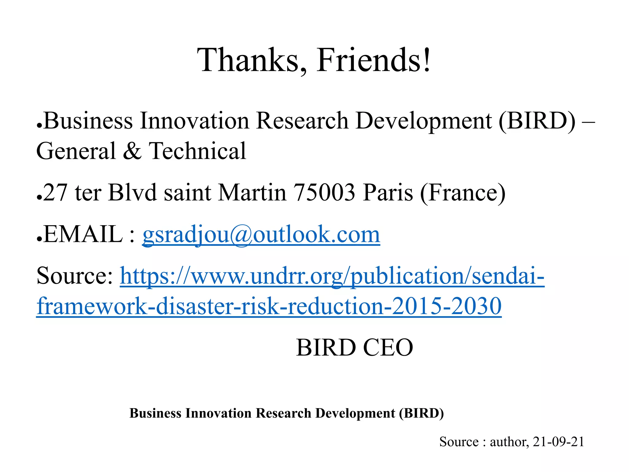 Bird georges radjou sendai framework disaster (sfdrr) | PDF