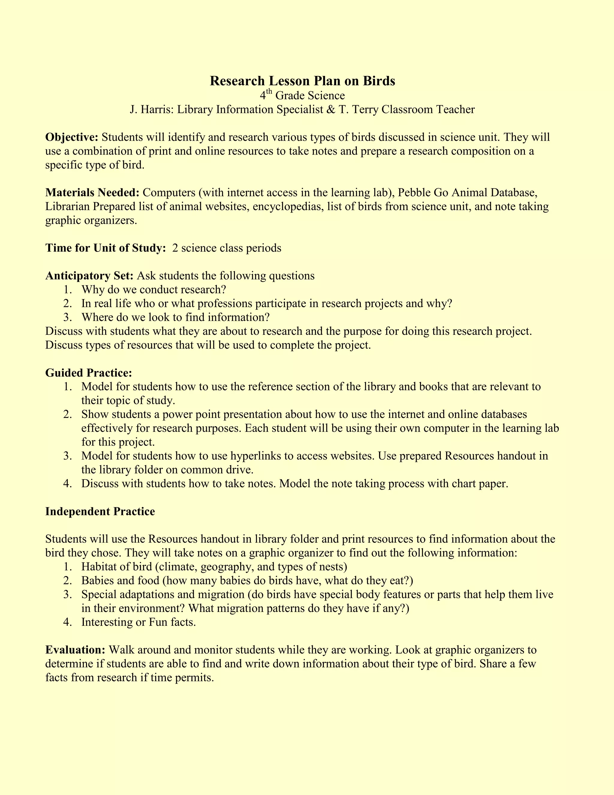 Bird lesson plan | DOCX