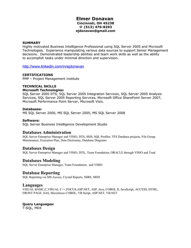 Bi Resume Ejd | DOC | Databases | Computer Software and Applications