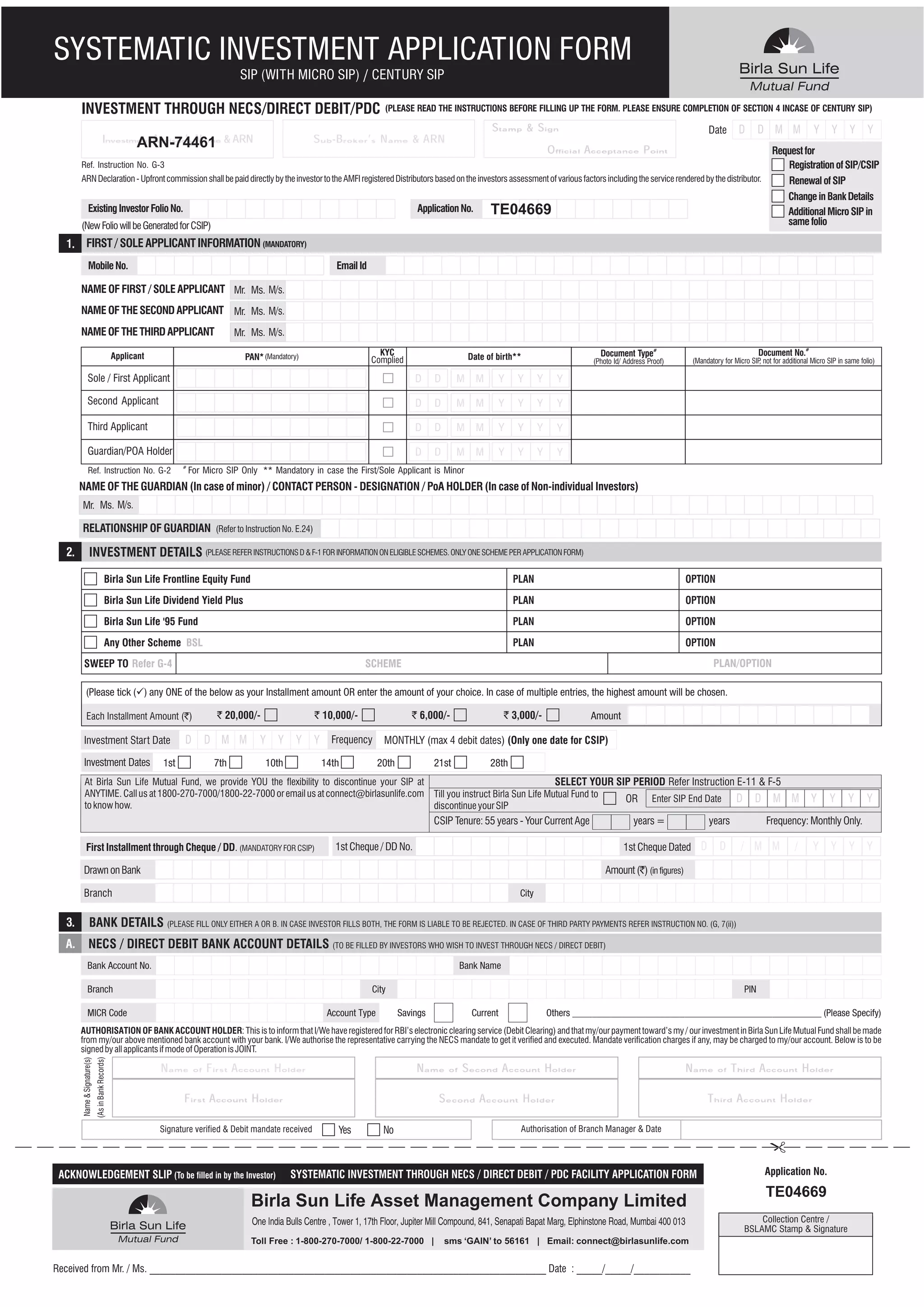 Birla sun life tax plan application form | PDF