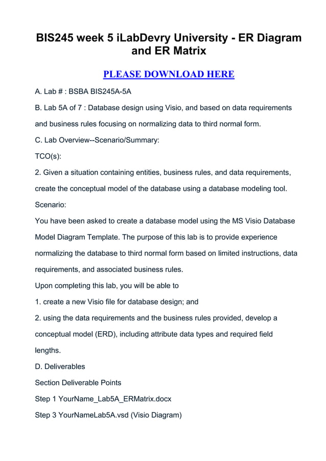 Bis245 week 5 i lab devry university er diagram and er matrix | PDF