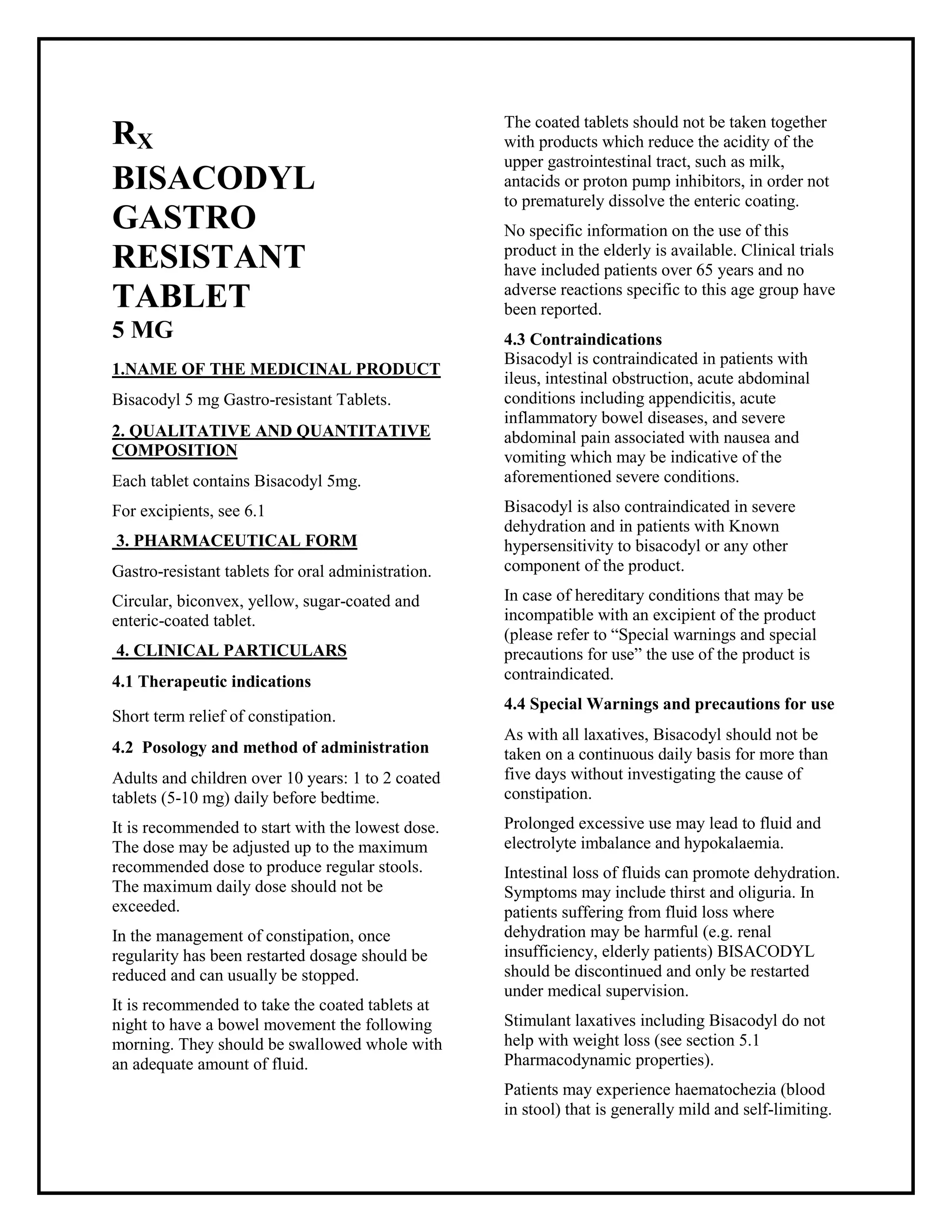 Bisacodyl 5 mg gastro resistant tablets smpc- taj pharmaceuticals | PDF