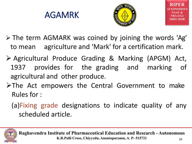 Legislation Regulation of Food Products as per BSI and Agmark. | PPTX ...