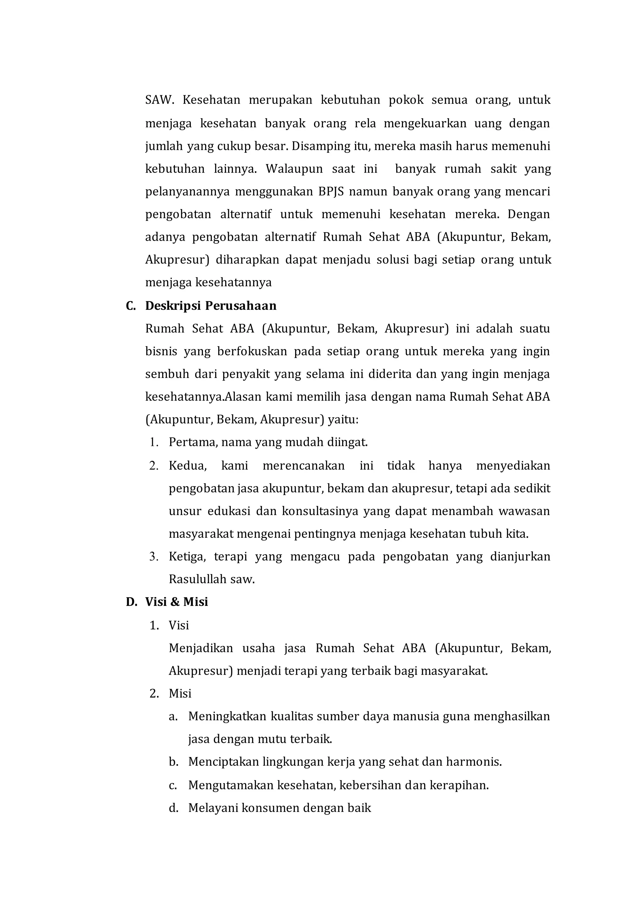 Bisnis plan rumah sehat aba | DOCX