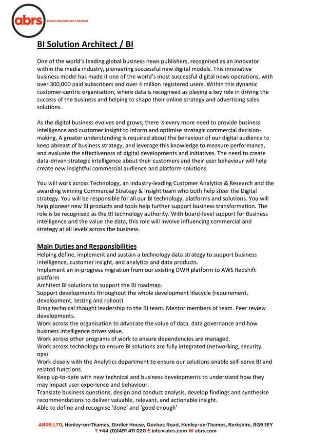 BI Solution Architect | PDF | Databases | Computer Software and Applications