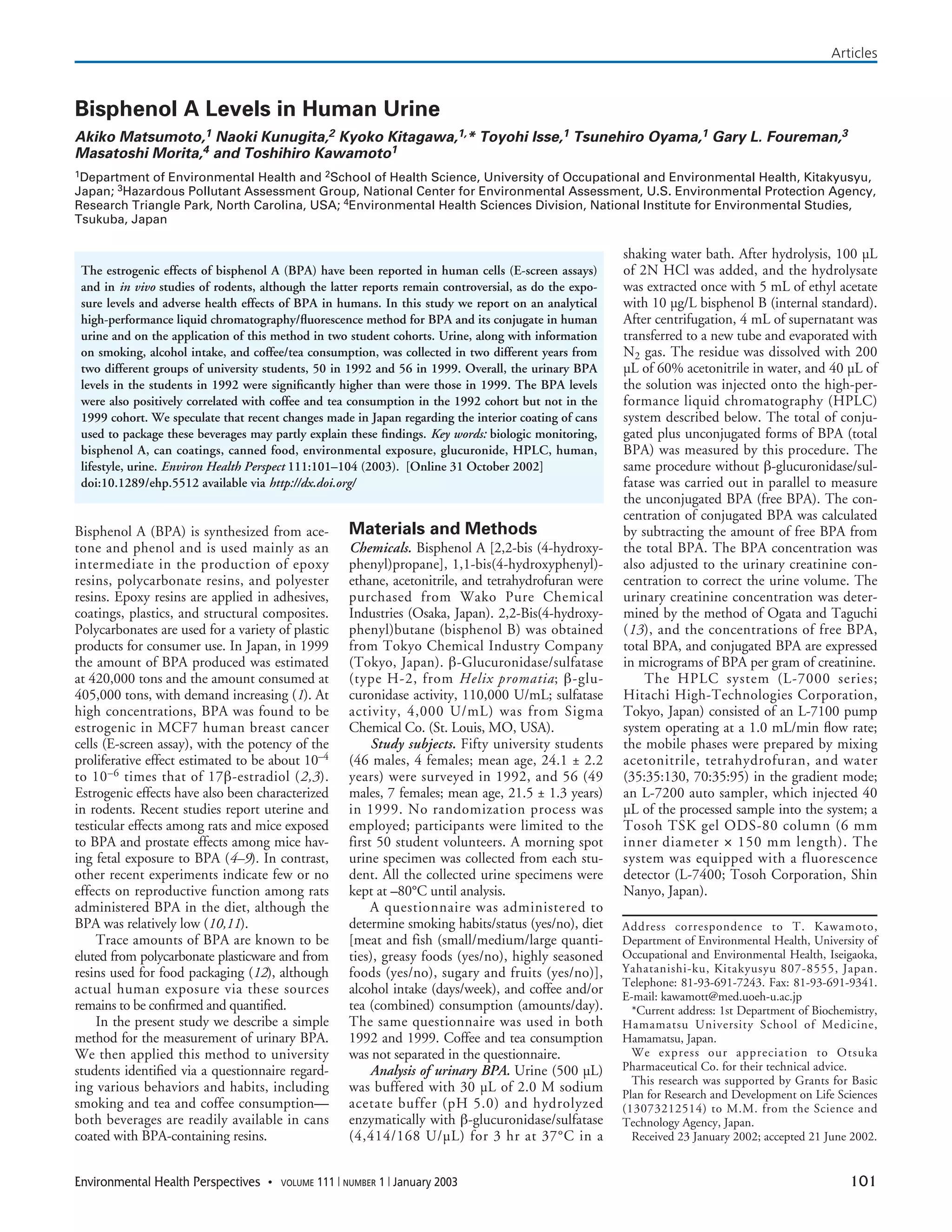 Bisphenol a levels in human urine | PDF