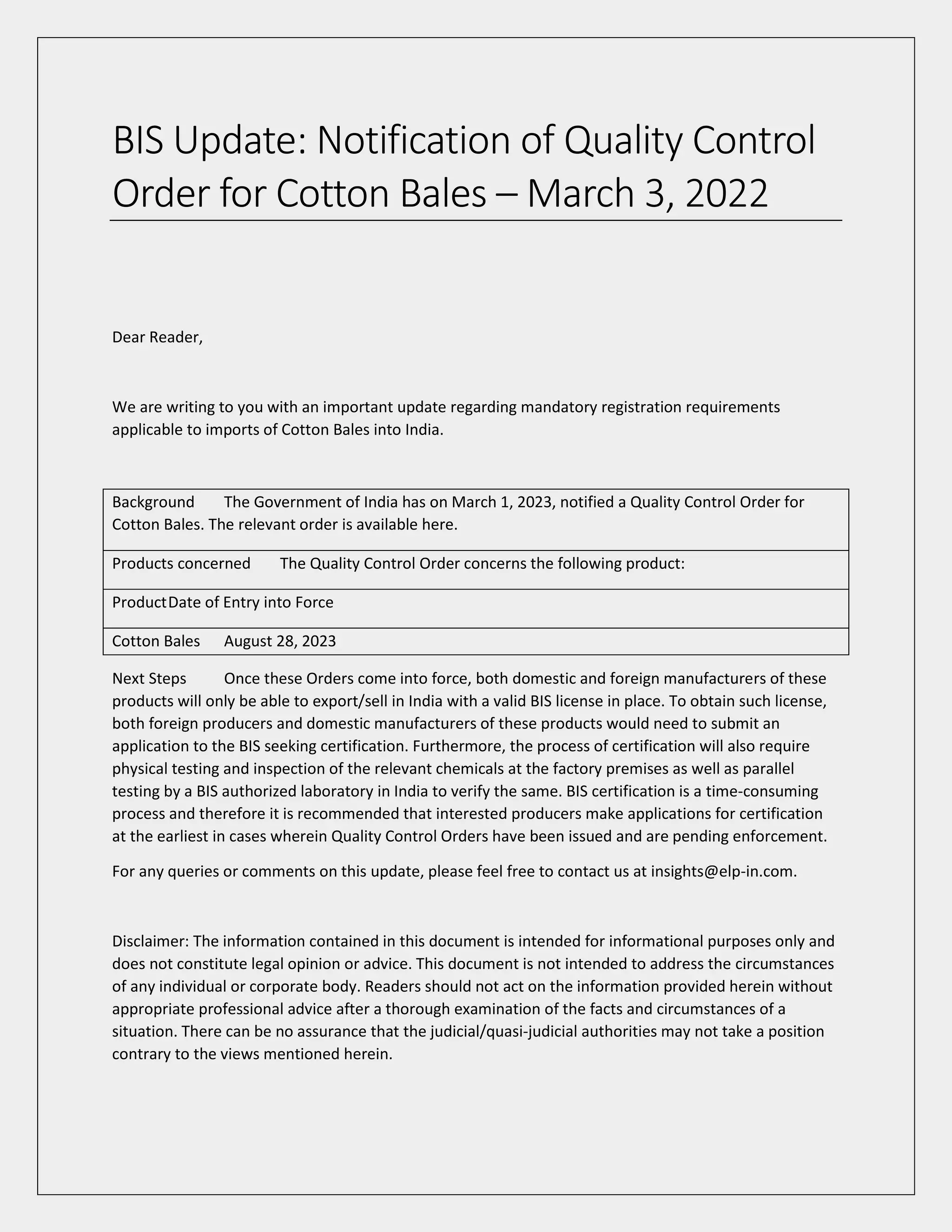 BIS Update Notification of Quality Control Order for Cotton Bales ...