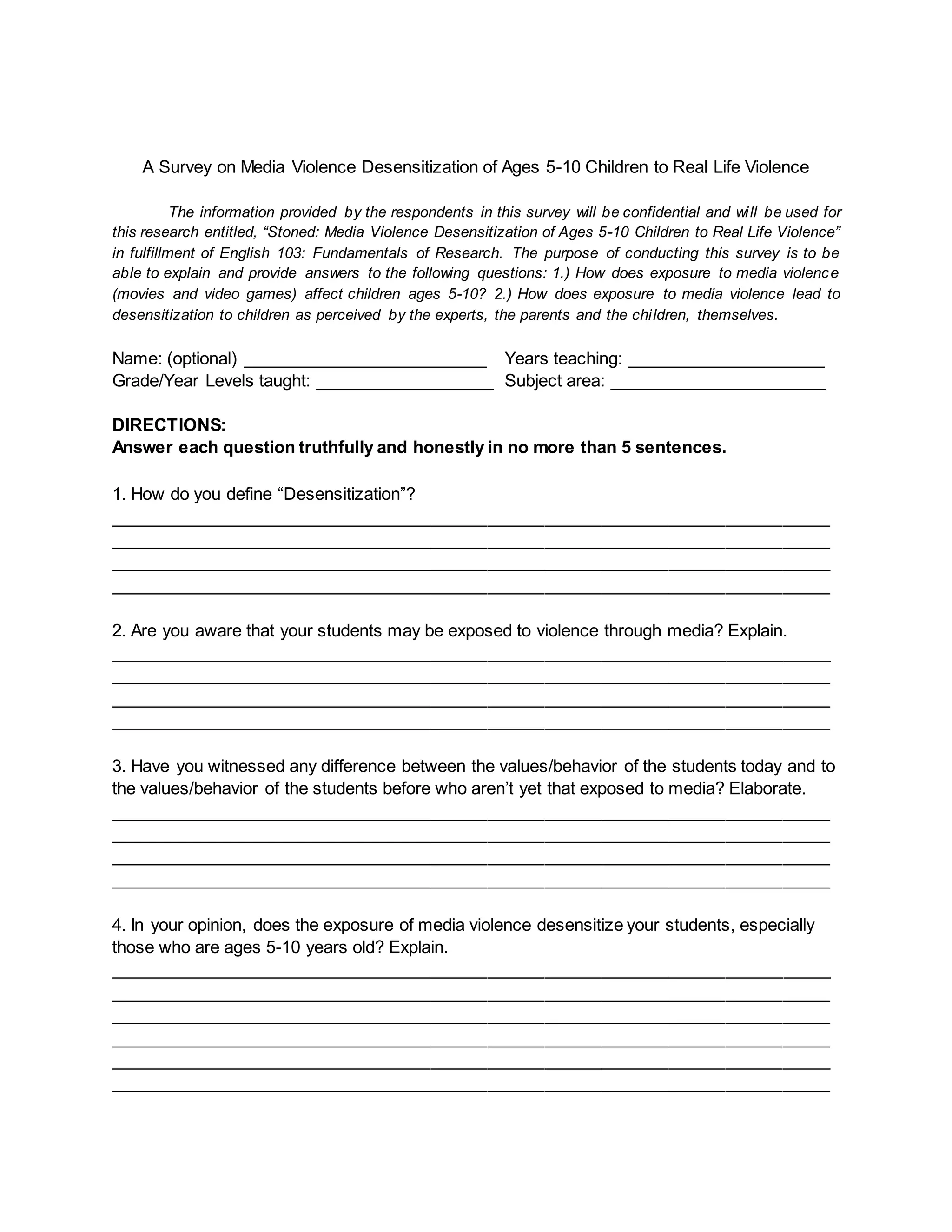 A Survey on Media Violence Desensitization of Ages 5-10 Children to ...