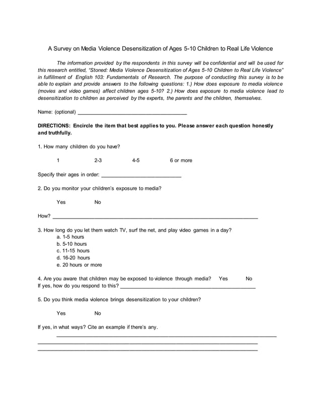 A Survey on Media Violence Desensitization of Ages 5-10 Children to ...