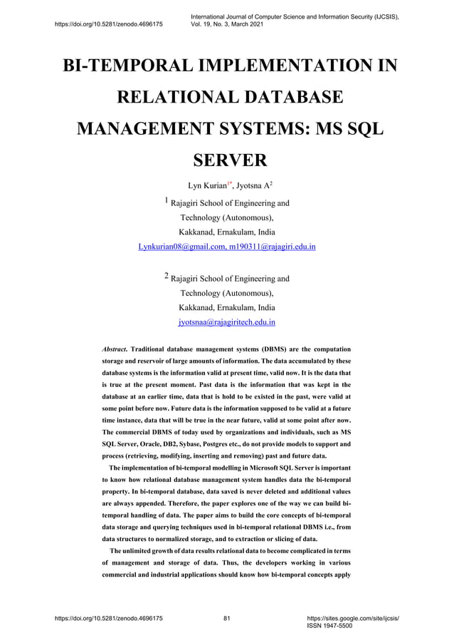 Bi Temporal Implementation In Relational Database Management Systems Ms Sql Server Pdf