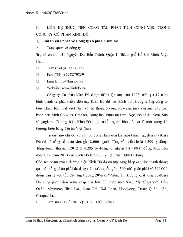 [Tiểu luận] Công tác phân tích công việc tại Công ty cổ phần Kinh Đô | DOCX