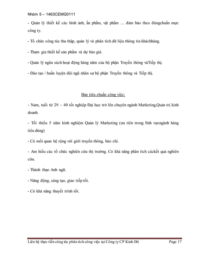 [Tiểu luận] Công tác phân tích công việc tại Công ty cổ phần Kinh Đô | DOCX