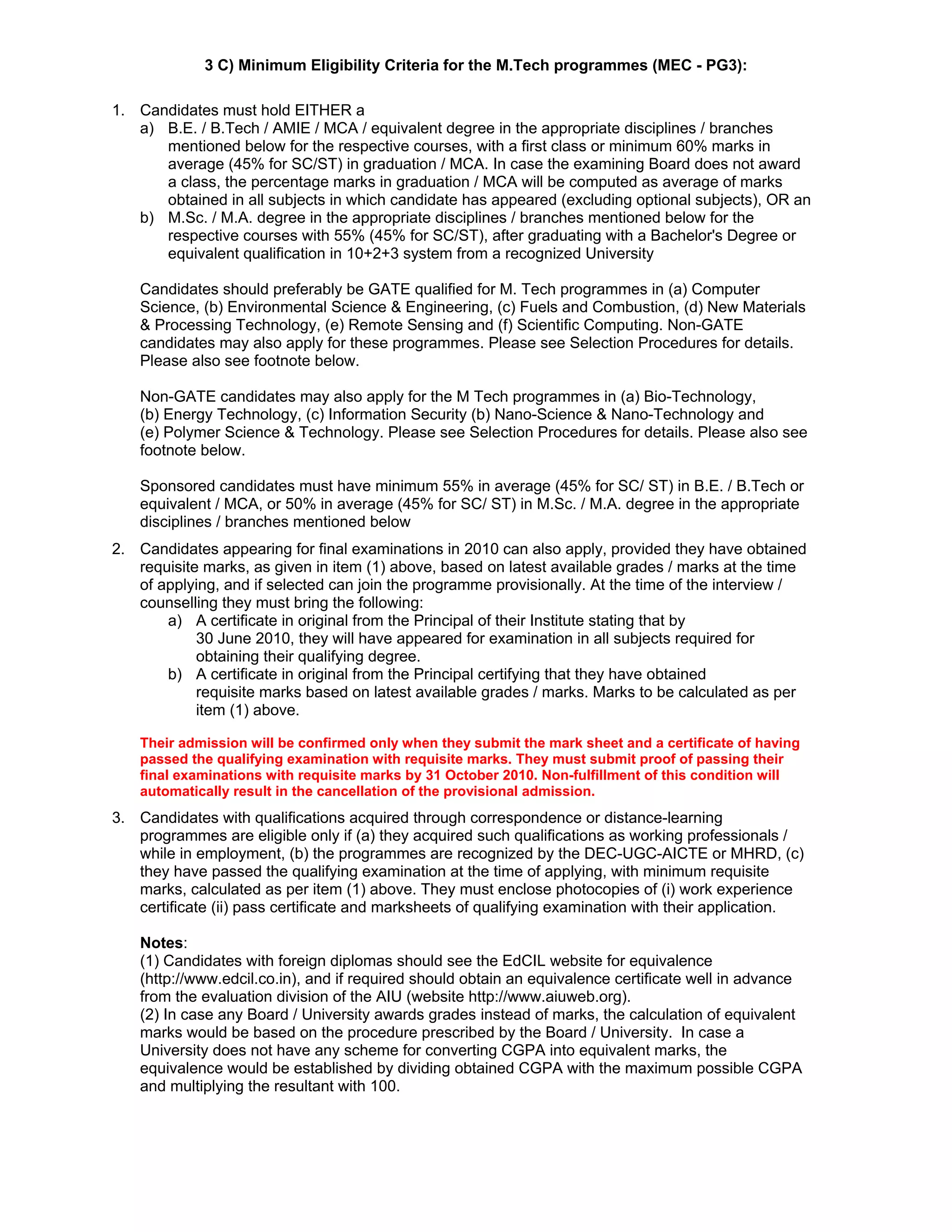 Bit mesra eligibility criteria for m. tech programmes | PDF