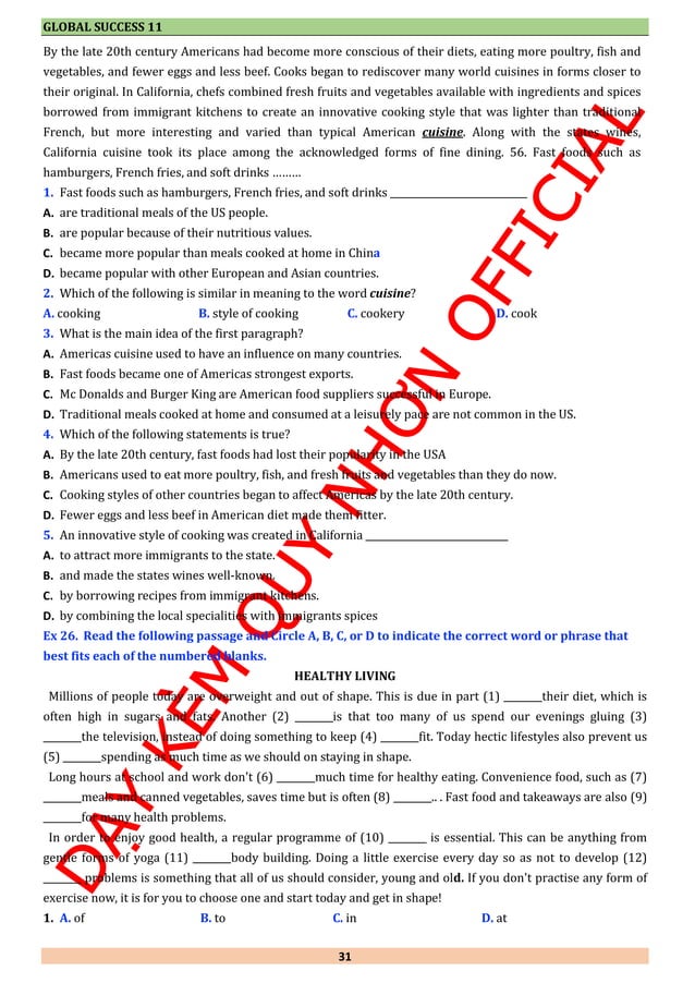 BÀI TẬP BỔ TRỢ 4 KĨ NĂNG TIẾNG ANH LỚP 11 - CẢ NĂM - GLOBAL SUCCESS - NĂM HỌC 2023-2024 - CÓ ...