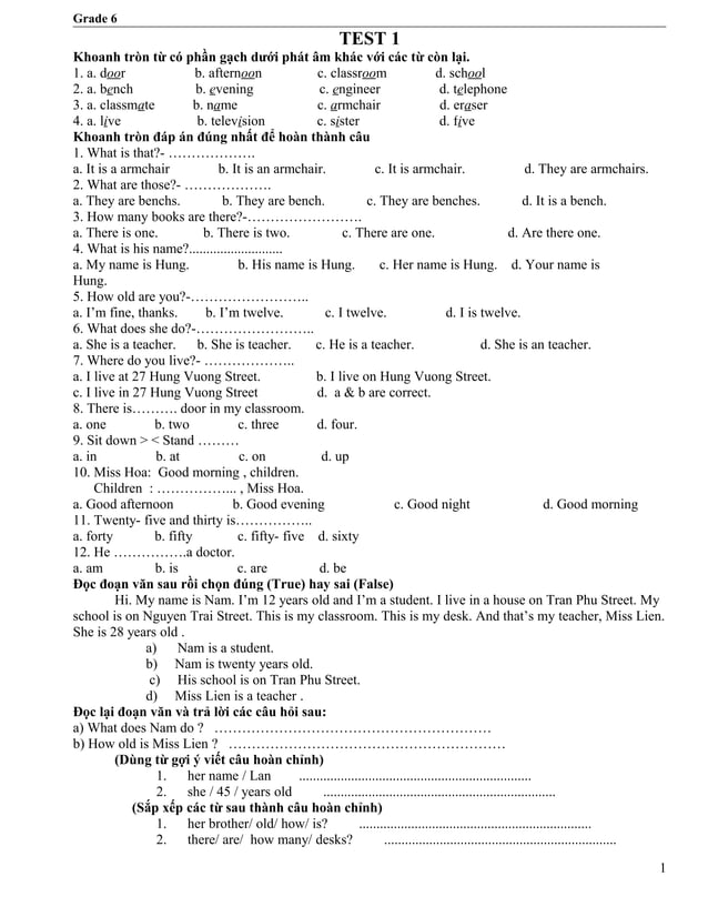 Bài tập lớp 6 (ôn tập kiểm 1 tiết hki) | PDF