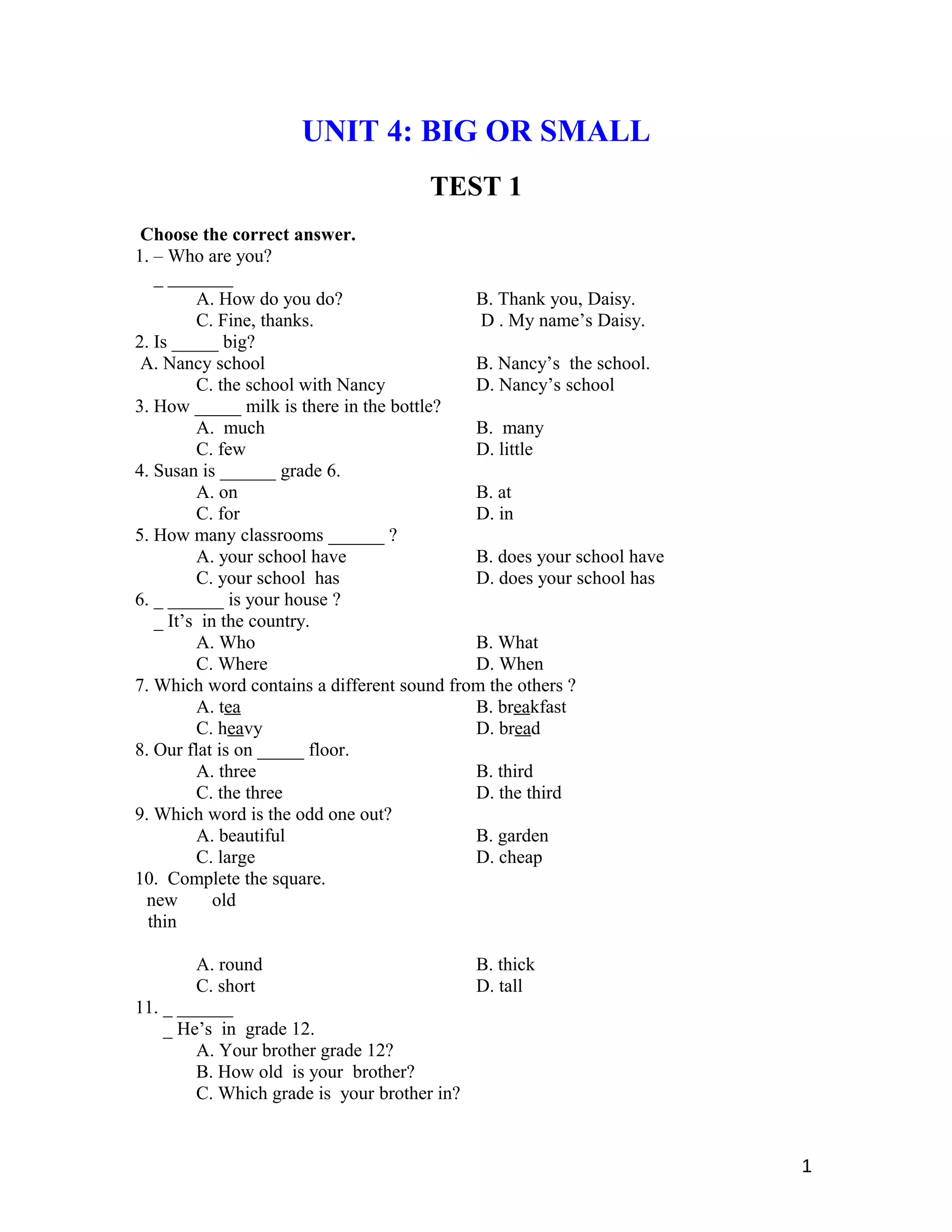 Bài tập tiếng anh lớp 6 (bài 4) | PDF