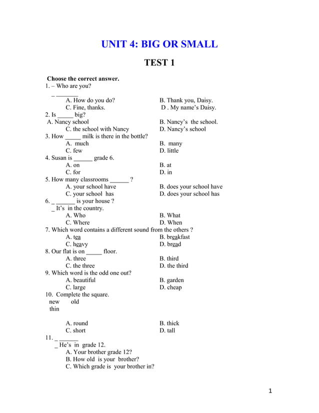 Bài tập tiếng anh lớp 6 (bài 4) | PDF