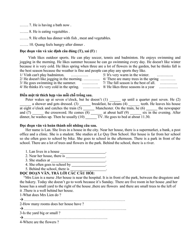 Bài tập tiếng anh lớp 6 (đọc hiểu) | DOC