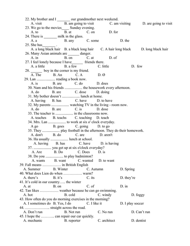 Bài tập tiếng anh lớp 6 (trắc nghiệm) | DOC