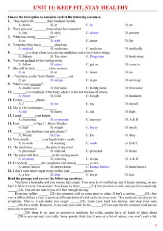 Bài tập tiếng anh lớp 7 bài 11 (with key) | DOC