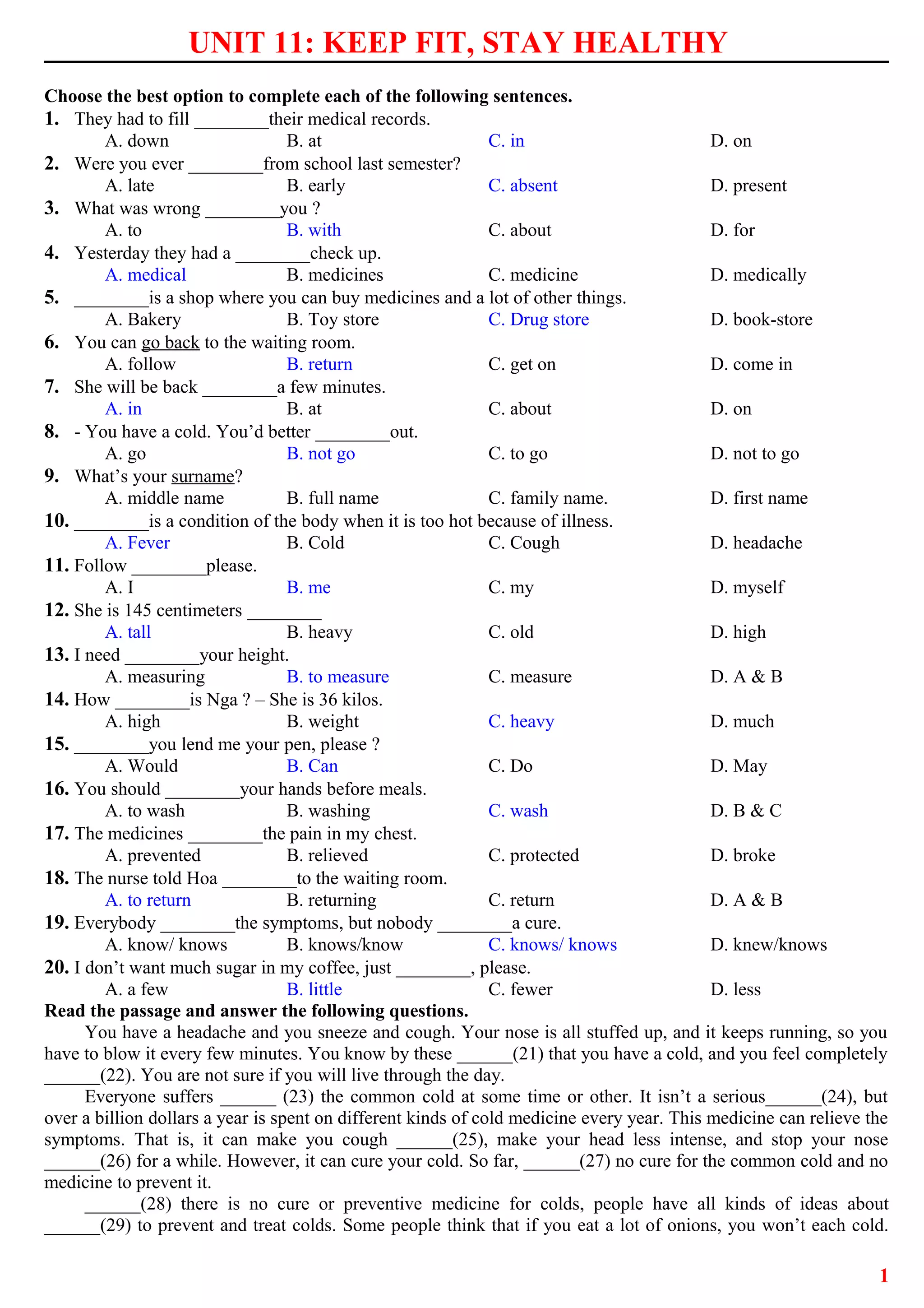 Bài tập tiếng anh lớp 7 bài 11 (with key) | PDF