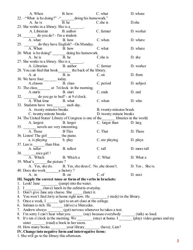 Bài tập tiếng anh lớp 7 (bài 4)