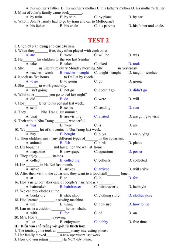 Bài tập tiếng anh lớp 7 bài 9 at home and away (with key) | PDF