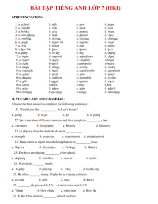 Bài tập trắc nghiệm tiếng anh lớp 7 hki (with key) | DOC