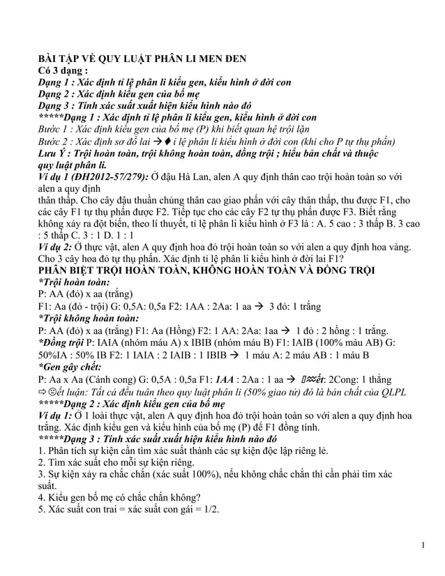 Bài tập về quy luật phân li men đen | DOC