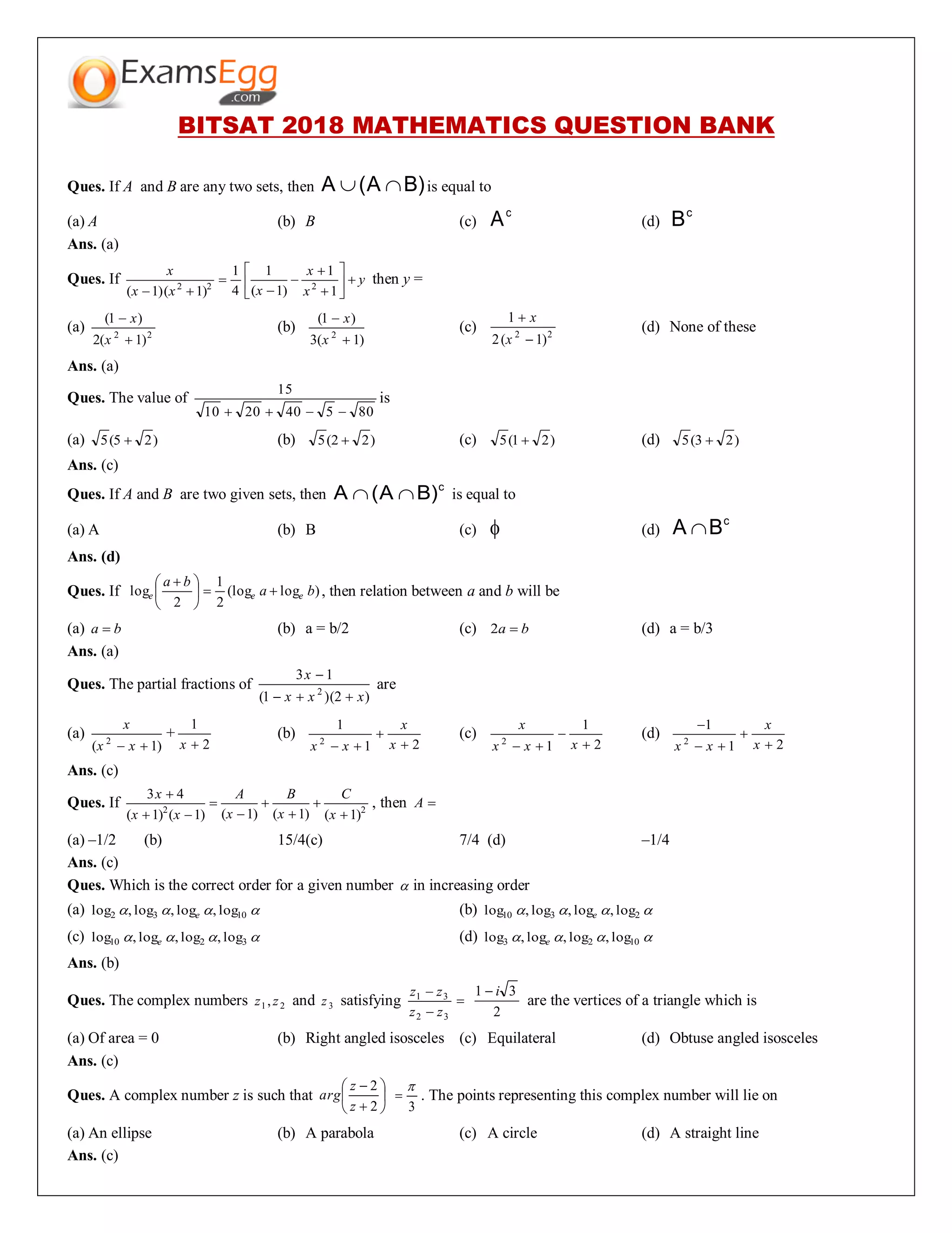 BITSAT 2018 Question Bank - Maths | PDF | Physics | Science